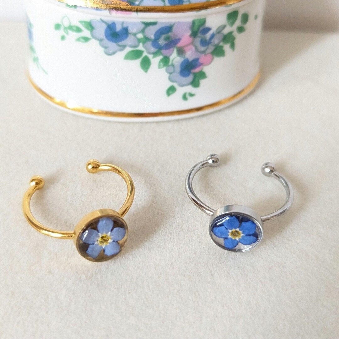 Forget Me Not Flower Resin Ring, Adjustable Stainless Steel Band ...