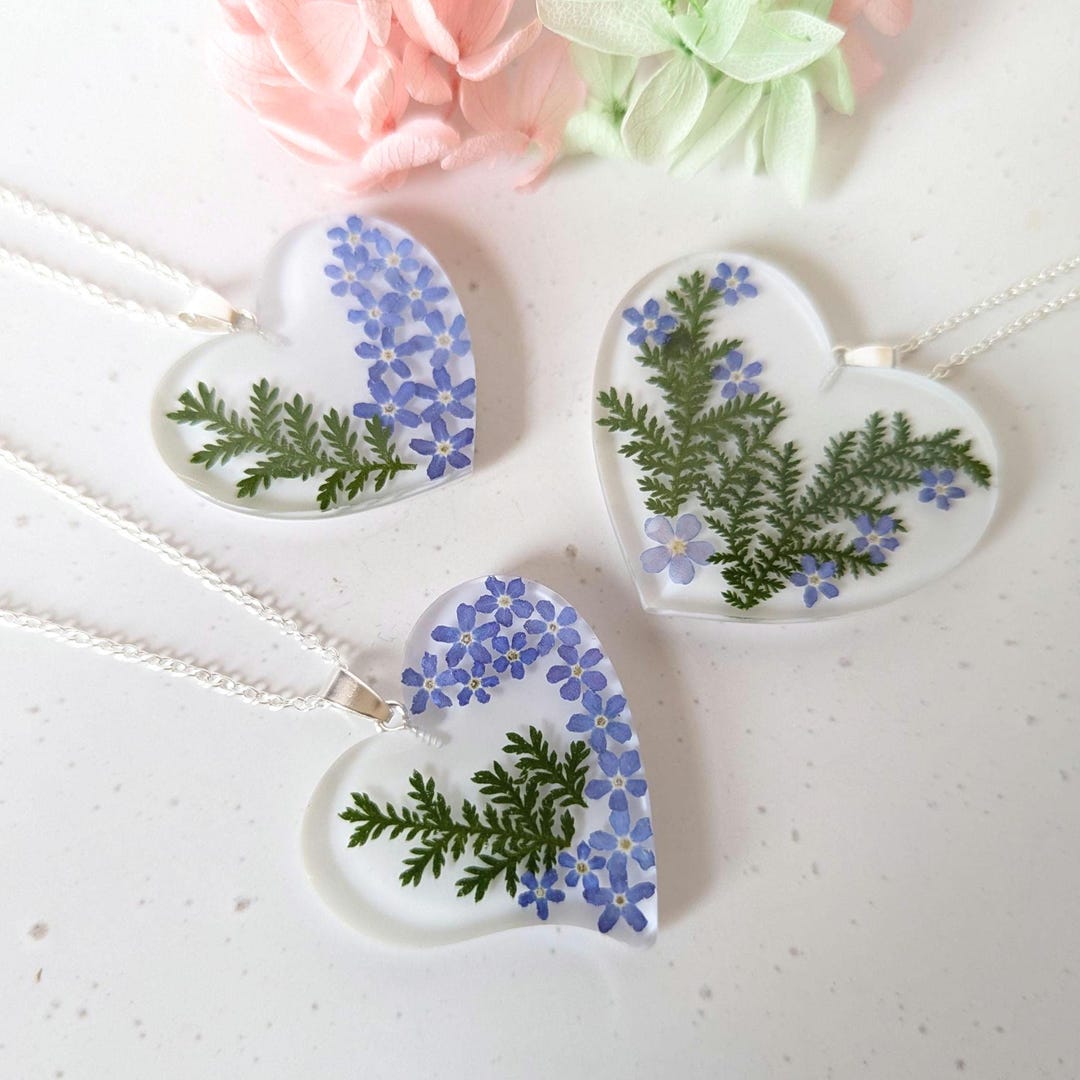 Blue Forget Me Not Flower Dainty Heart Necklace, Green Fern Resin ...