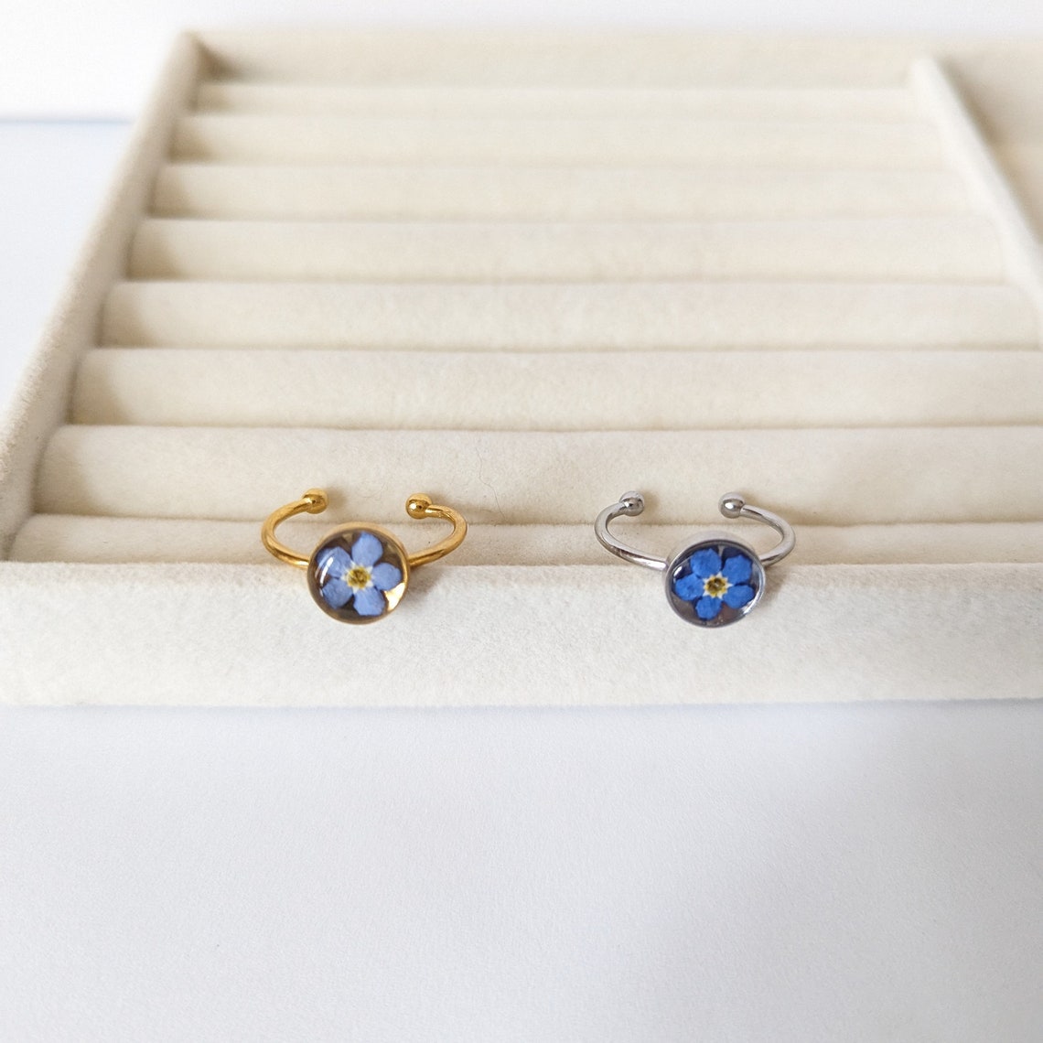 Forget Me Not Flower Resin Ring, Adjustable Stainless Steel Band ...
