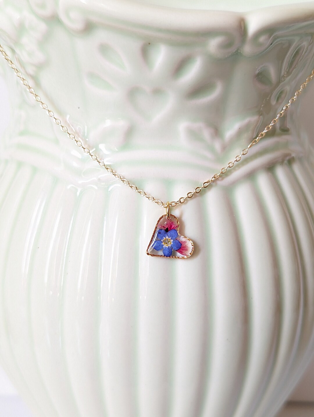 Real Forget Me Not Flower Tiny Heart Necklace Dainty Pressed - Etsy