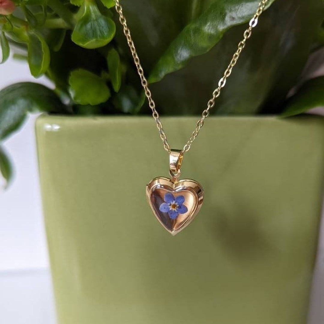 Blue Forget Me Not Flower Locket Pendant Gold Heart Locket - Etsy