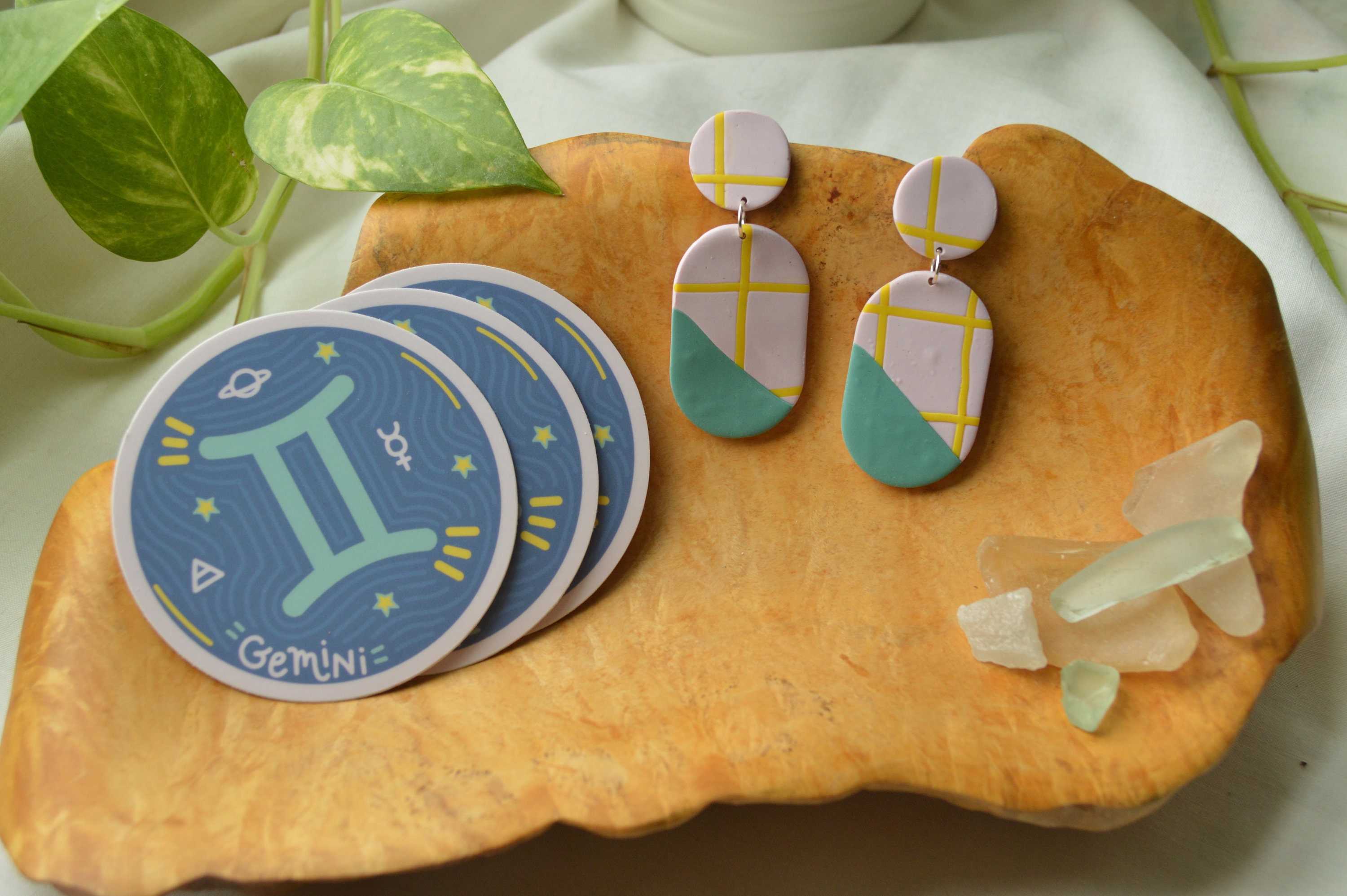 Gemini Pink Yellow Turquoise Polymer Clay Drop Earrings and Stickers ...