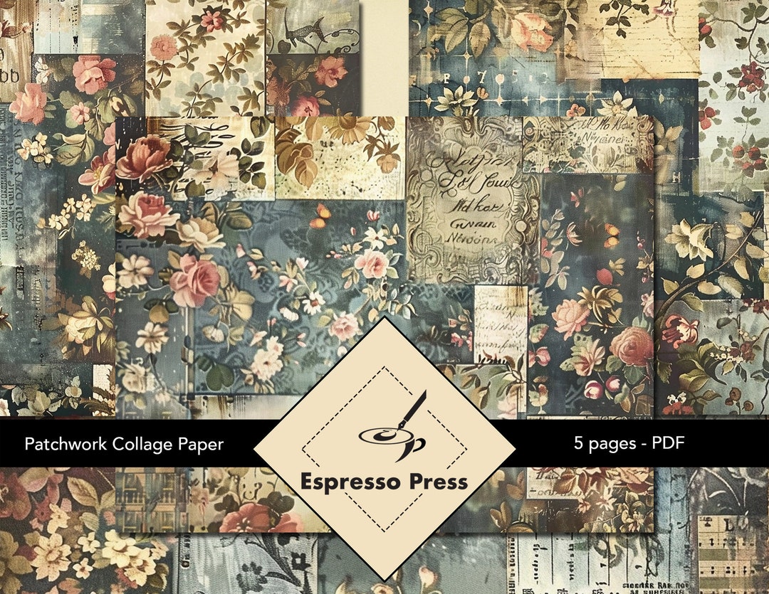 Patchwork Collage Papers - PDF Only, Papers, Flowers, Mixed Media, Text ...