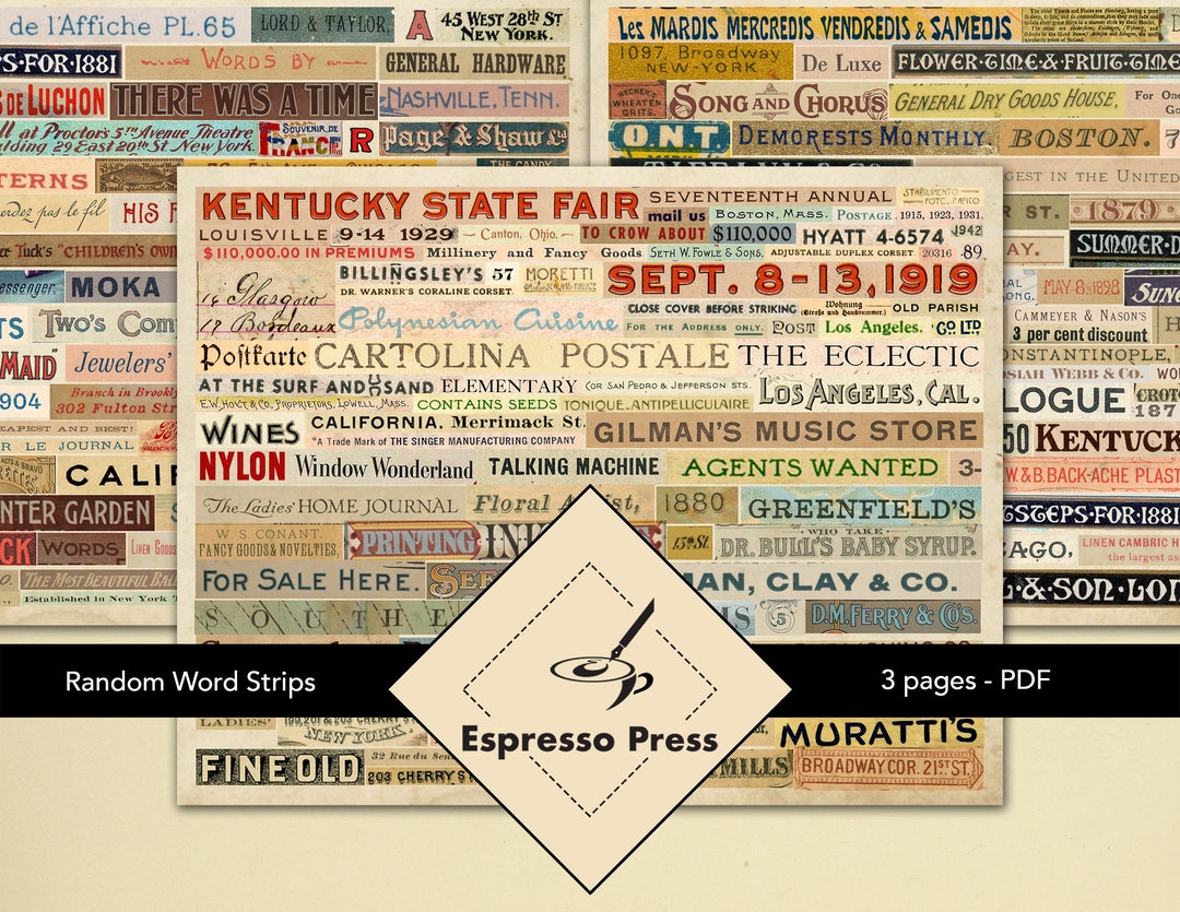 Random Word Strips PDF only, Papers, Printables, Text, Labels, Vintage ...