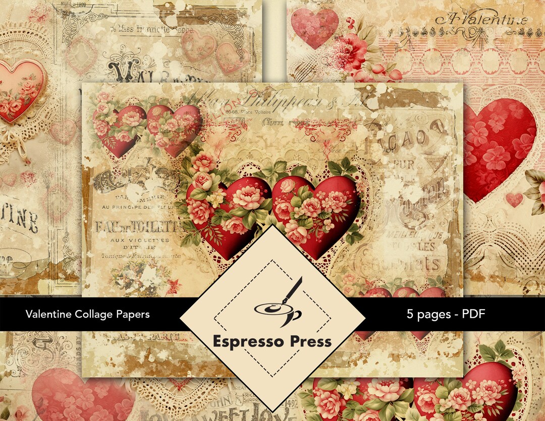 Valentine's Day Papers Collage Printable Junk Journal, Valentine Junk ...