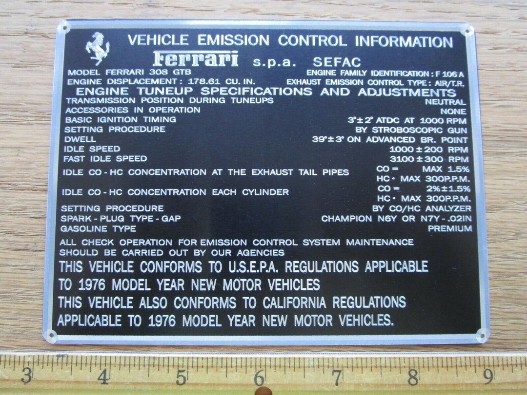 FERRARI Data Plate Emission Control Information Metal Plaque 308 GTB - Etsy