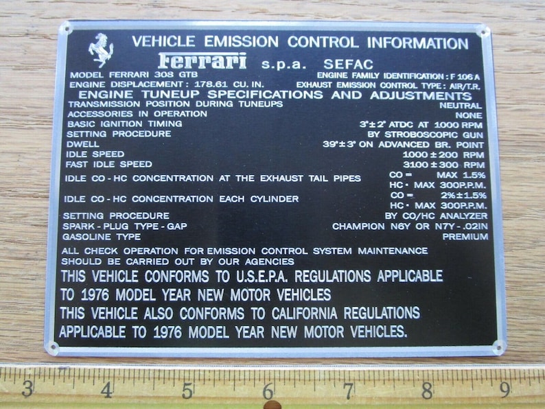 FERRARI Data Plate Emission Control Information Metal Plaque 308 GTB - Etsy
