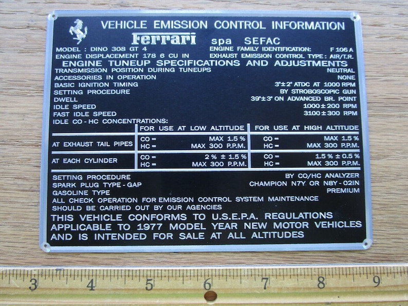 FERRARI Data Plate Emission Control Information Metal Plaque 308 GT4 - Etsy