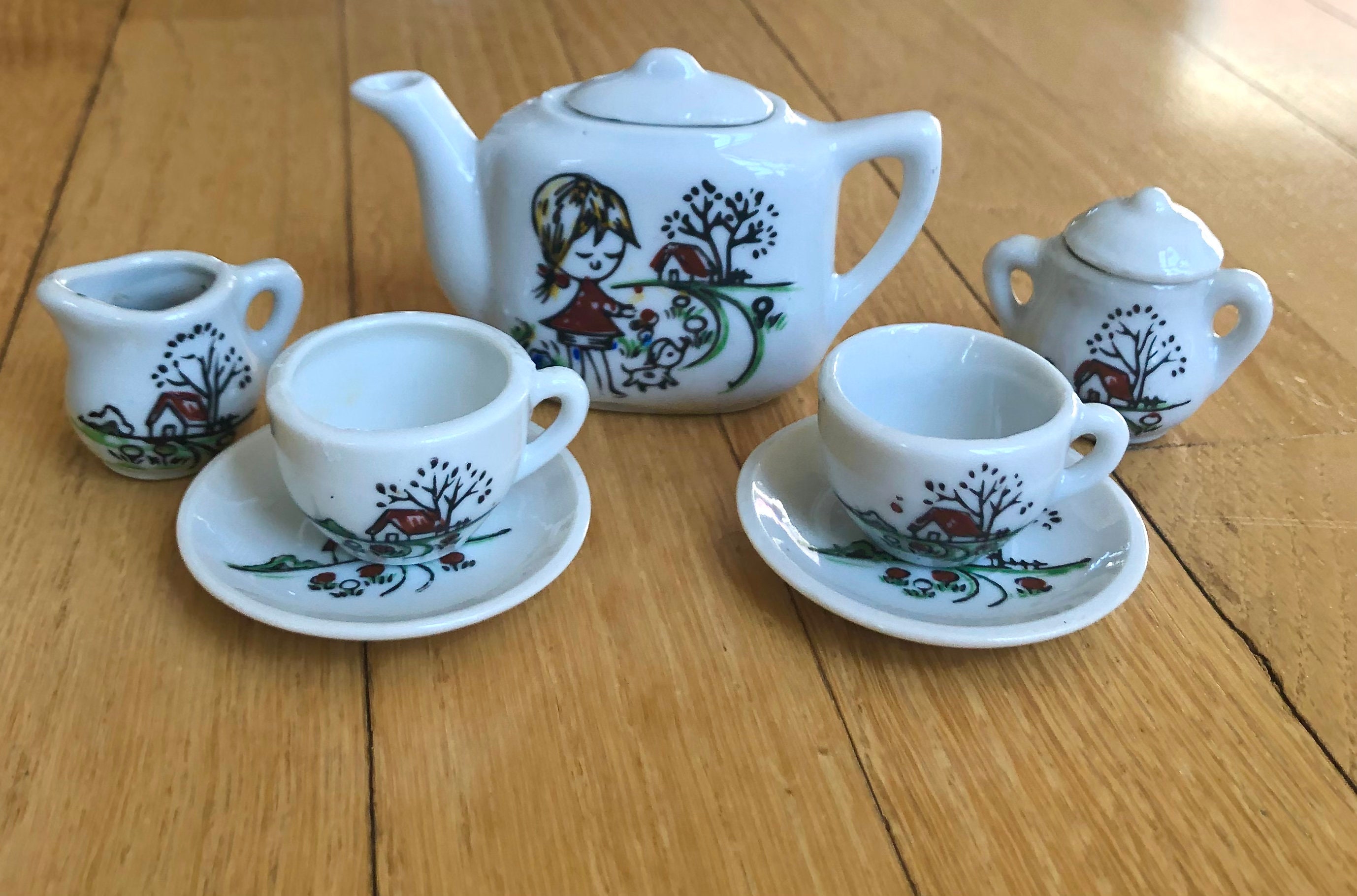 Adorable Vintage Toy China Tea Set Farm Girl Print - Etsy