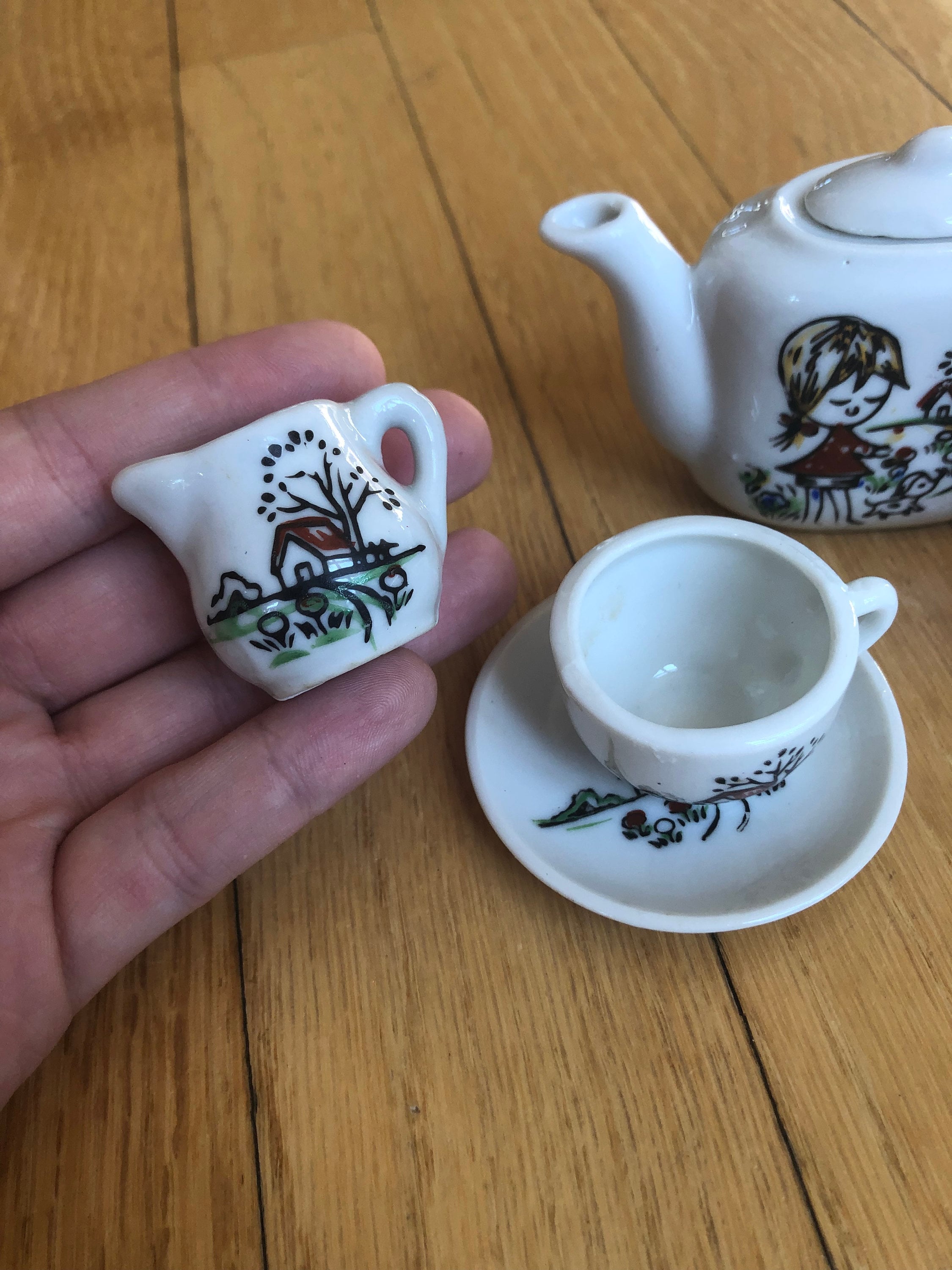 Adorable Vintage Toy China Tea Set Farm Girl Print - Etsy