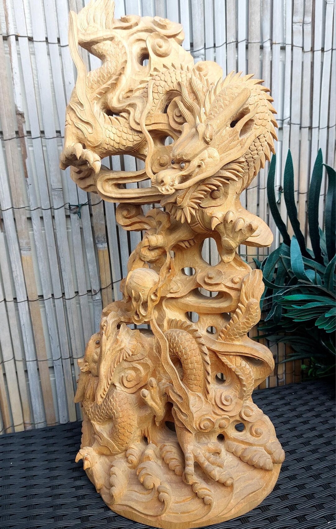 Large Hand-carved Chinese Double Asian Oriental Dragons, Fine Art Wood ...