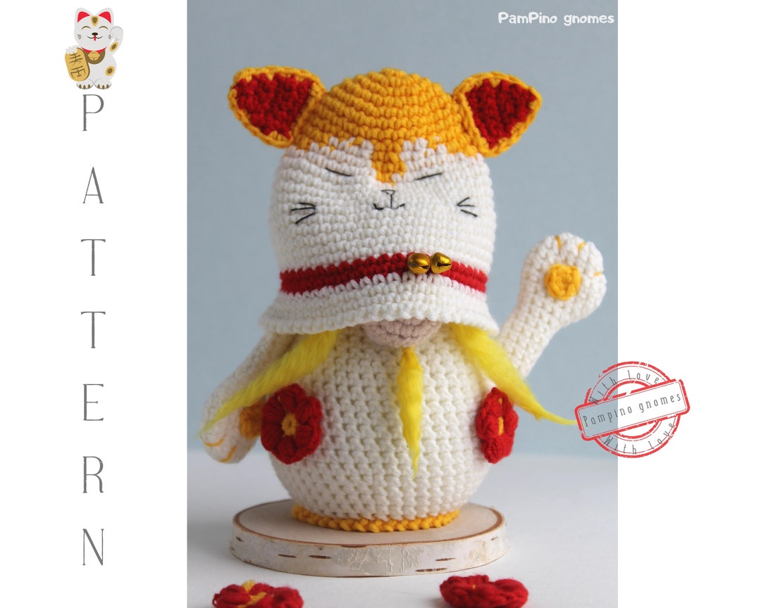 Crochet Cat Maneki Neko Gnome Pattern, Amigurumi Lucky Cat, Crochet ...