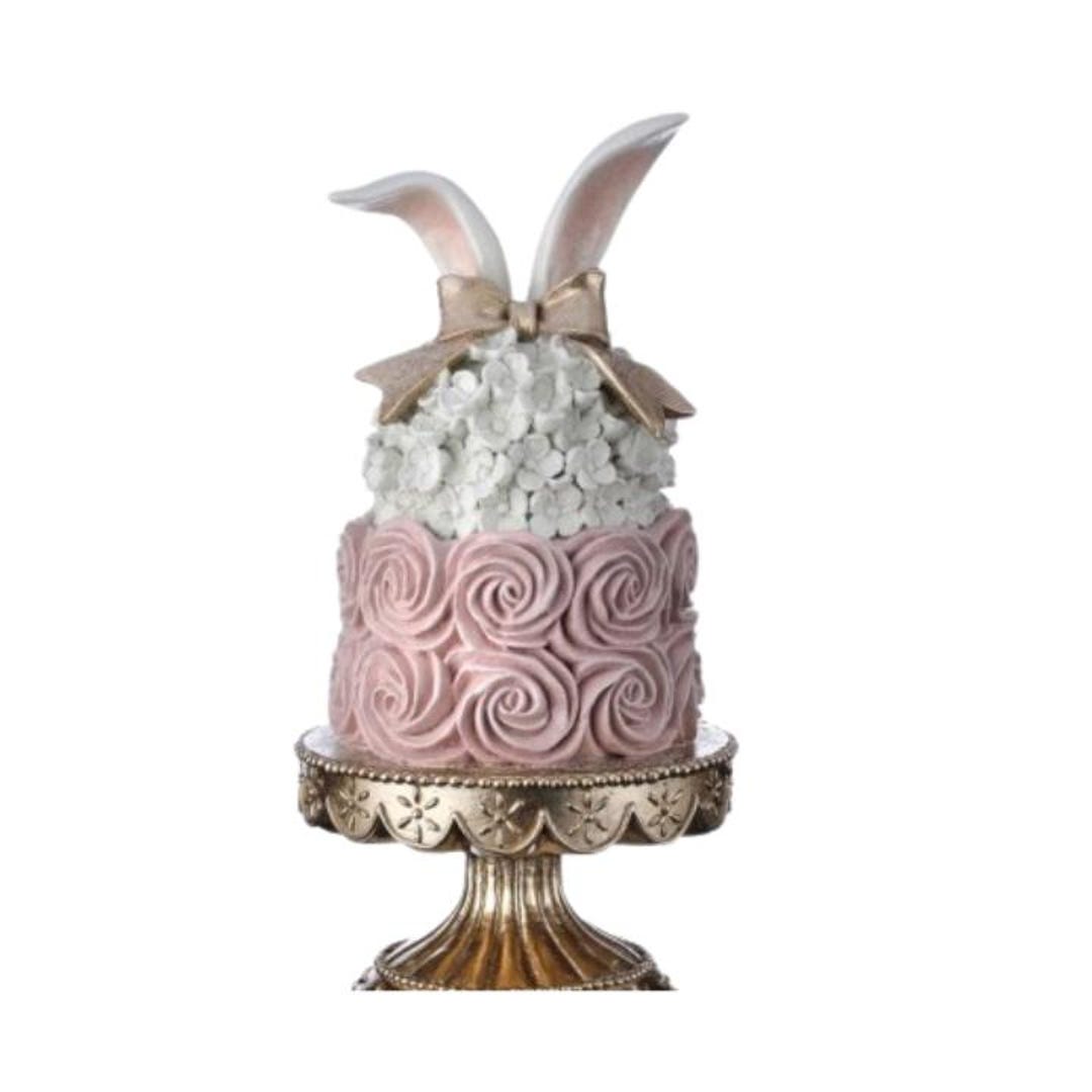 13.5" Resin Bunny Ear Easter Cake on Pedestal I Pink & Champagne Spring ...