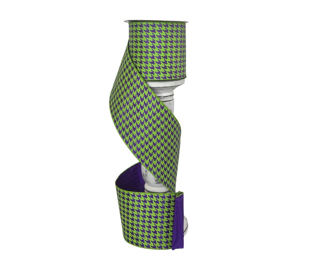 4"x10yd Satin Purple/lime Green Houndstooth Double Sided Wired Ribbon-4 ...