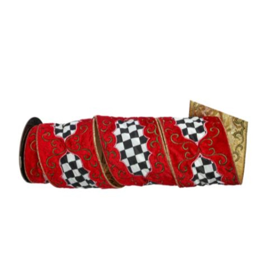 4"x5yd Velvet Scroll With Check Wired Ribbon | Elegant Red & Black ...