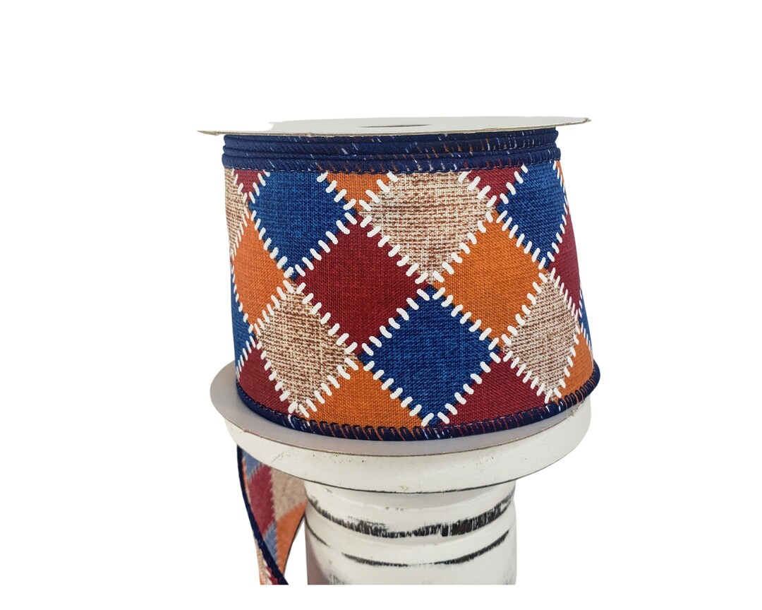 2.5"x10yd Fall Stitch Check Wired Ribbon-burgundy/blue/orange/natural ...