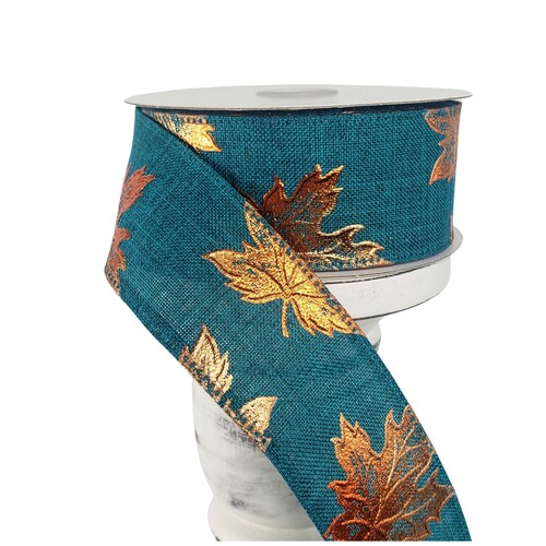 Teal and Copper Fall Leaves Wired Ribbon 2.5 Fall - Etsy