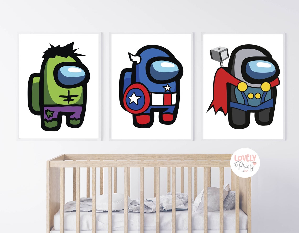 Set 3 among us nursery wall art among us superhero decor | Etsy