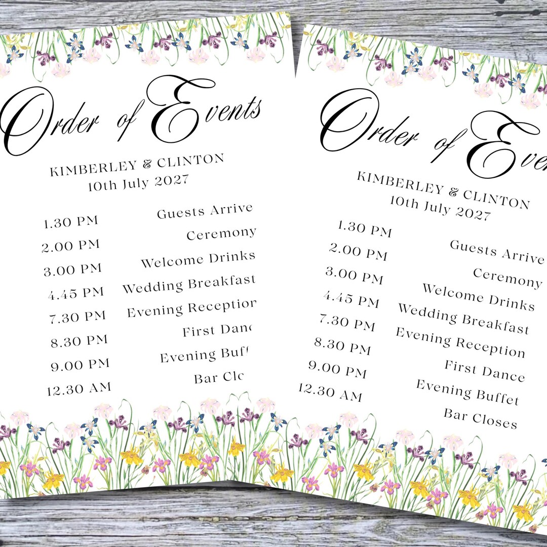 Floral Wedding Order of Events Template: 5x7 Printable Timeline (canva ...