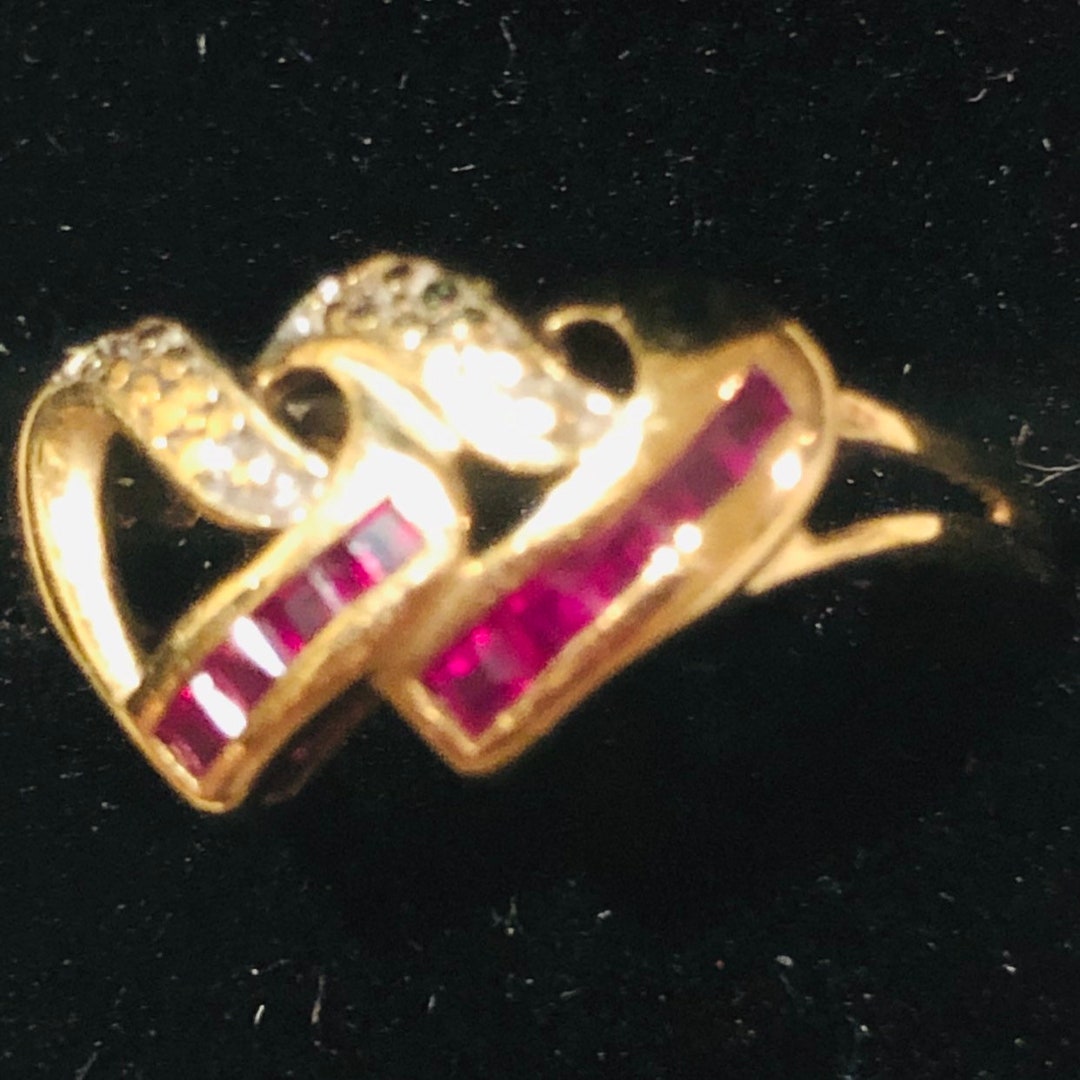 Double Heart Ring, Vintage Samuel Aaron (THL), Ruby Diamond Ring, Gift ...