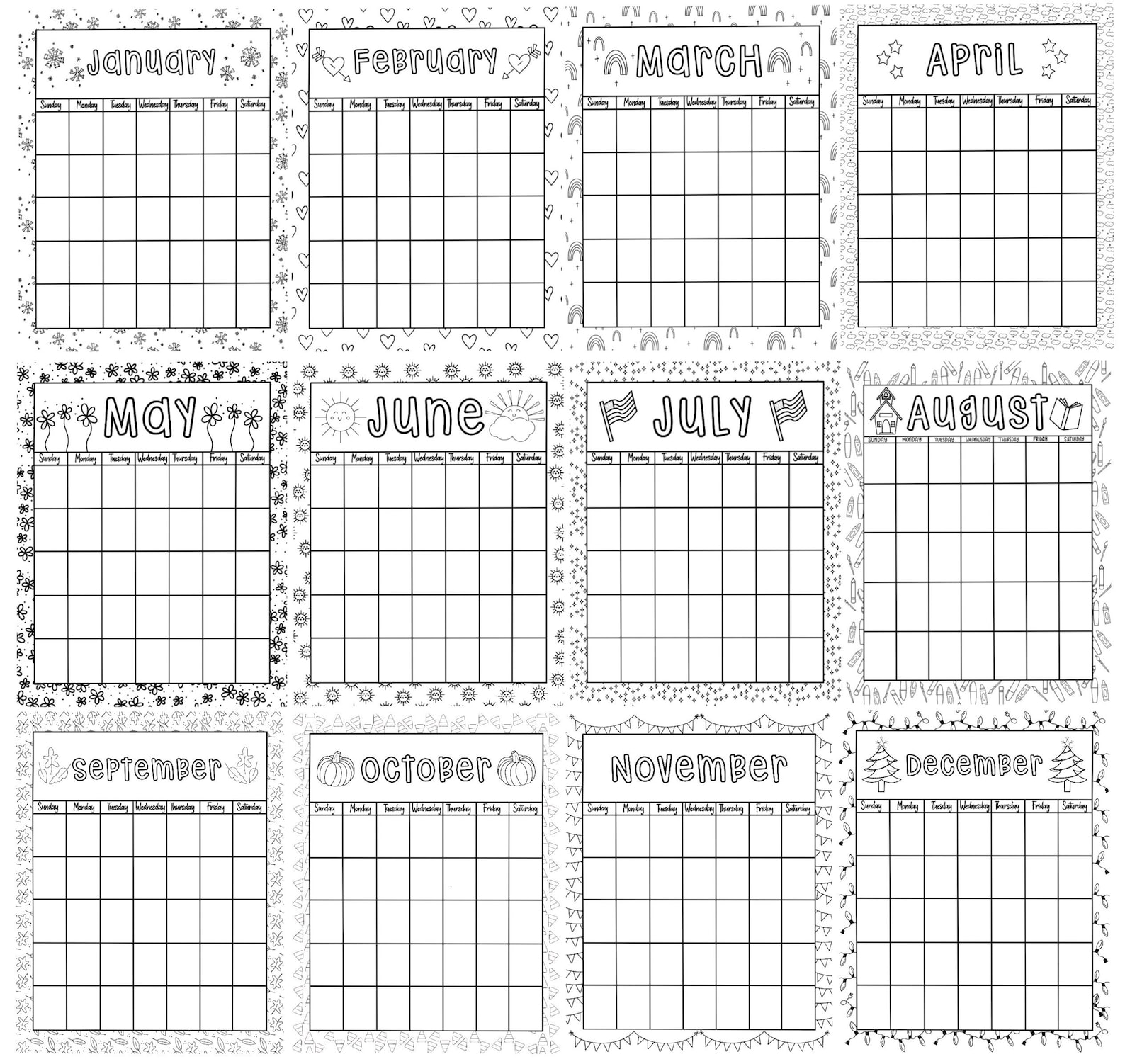 12 Month Printable Calendar - Etsy