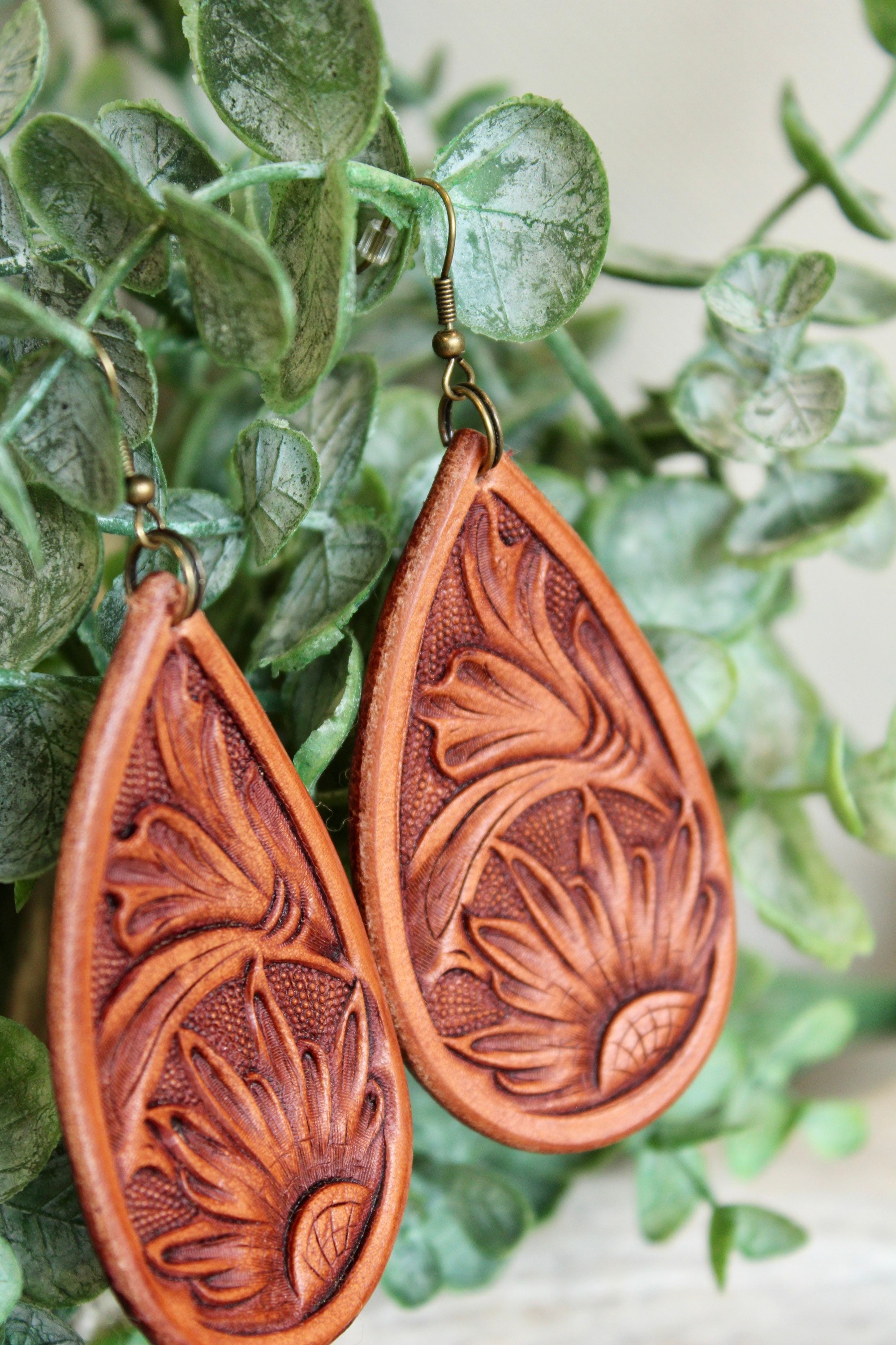 Floral-tooled Leather Earrings - Etsy