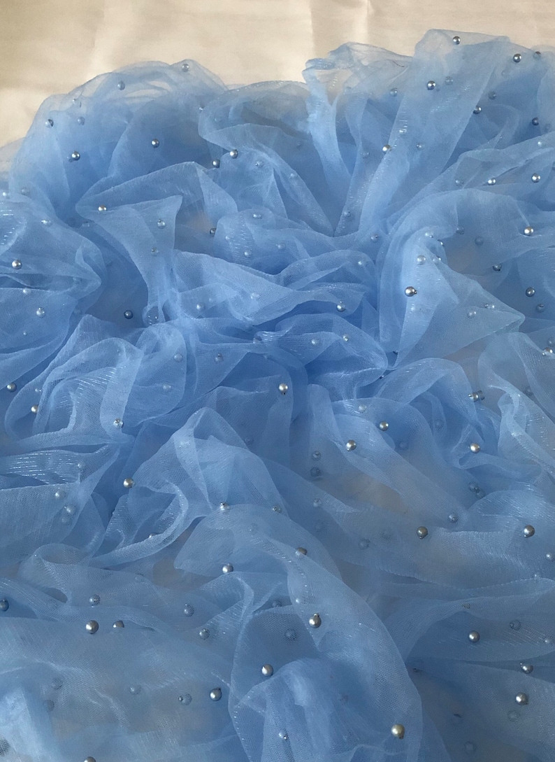 1 Meter Sky Blue Elegant Soft Pearl Beaded Tulle Net Fabric 60” Wide ...