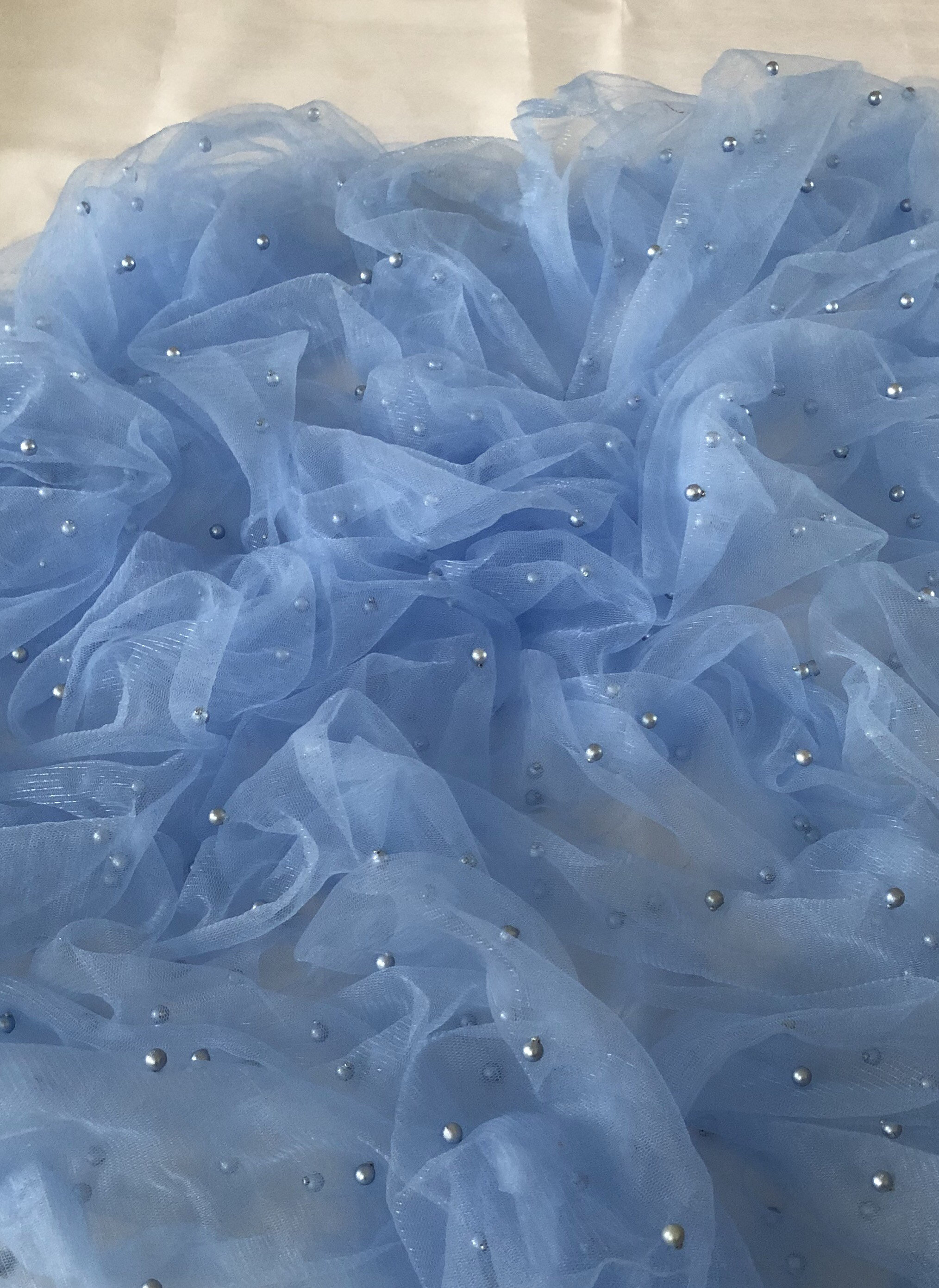 1 Meter Sky Blue Elegant Soft Pearl Beaded Tulle Net Fabric 60” Wide ...