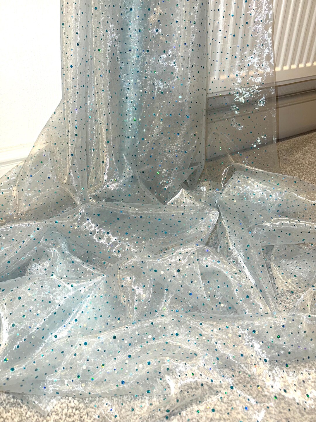 1 Meter Sky Blue Holographic Sequin Organza Fabric 58”wide Dressmaking ...