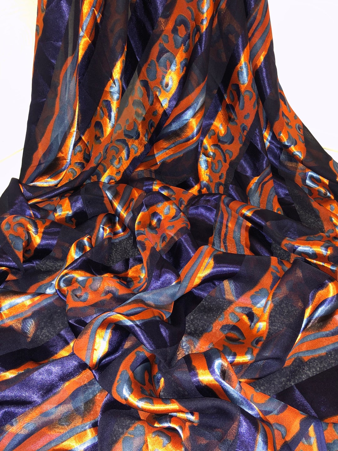1 Meter Navy/rust Animal Print Chiffon Fabric 58” Wide Semi Transparent ...