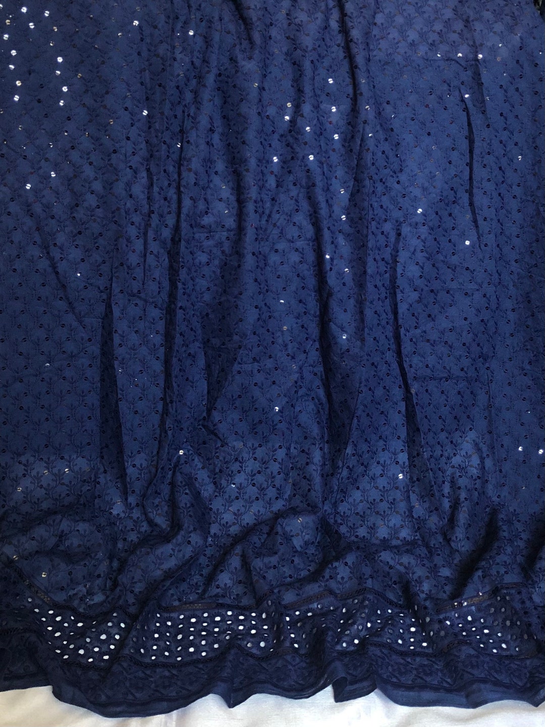 1 Meter Navy Blue Embroidered Bordered Sequin Broderie Anglaise Fabric ...