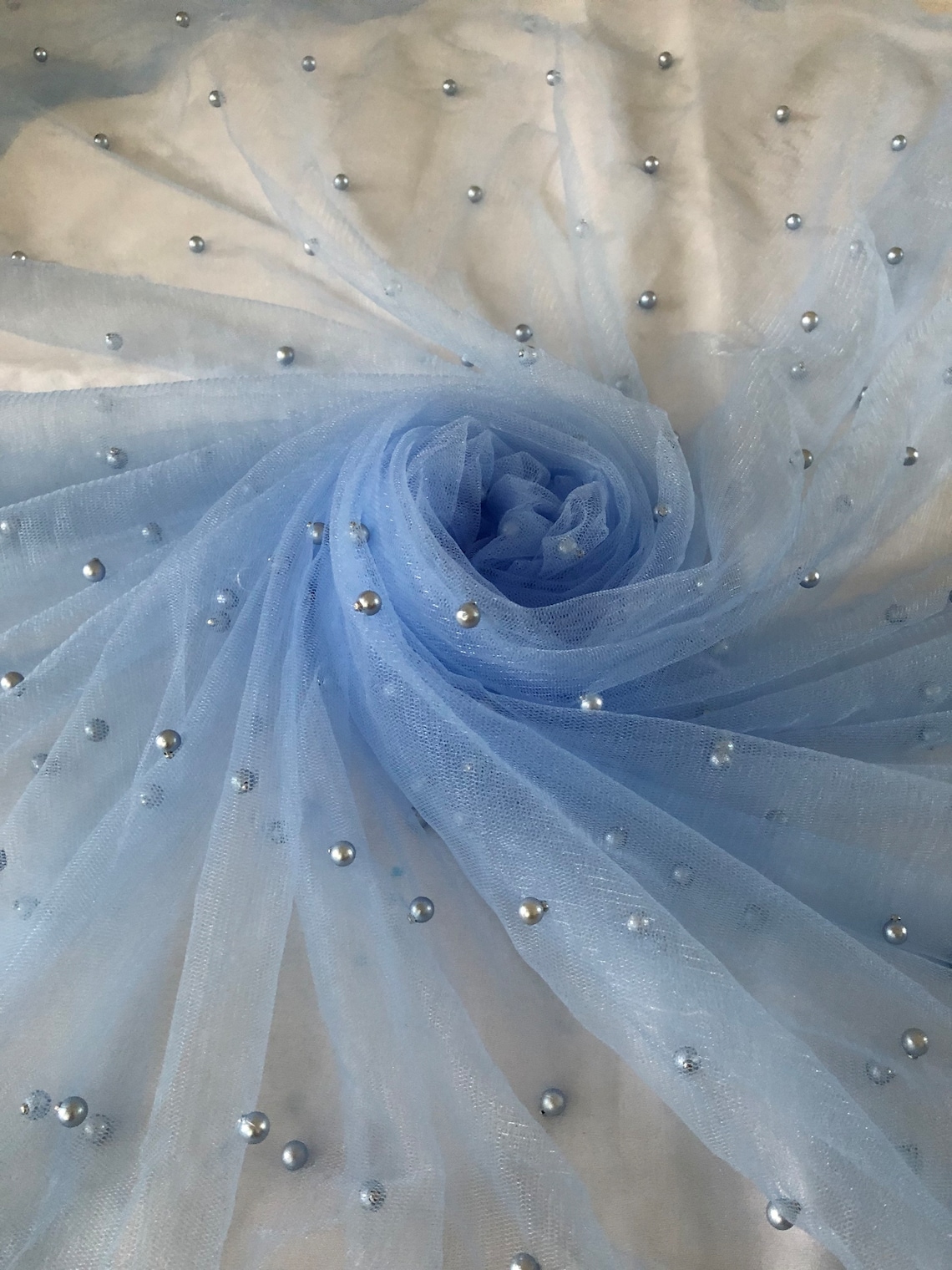 1 Meter Sky Blue Elegant Soft Pearl Beaded Tulle Net Fabric 60” Wide ...