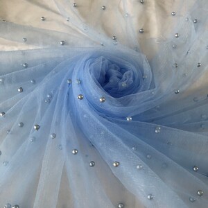 1 Meter Sky Blue Elegant Soft Pearl Beaded Tulle Net Fabric 60” Wide ...
