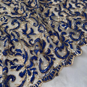 1 Meter Blue/gold Embroidered Sequin Floral Bridal Lace Fabric 50”wide ...