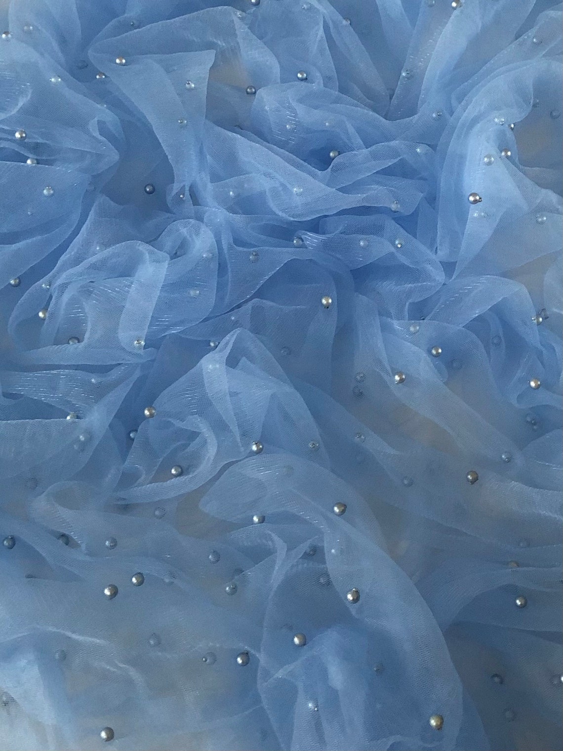 1 Meter Sky Blue Elegant Soft Pearl Beaded Tulle Net Fabric 60” Wide ...