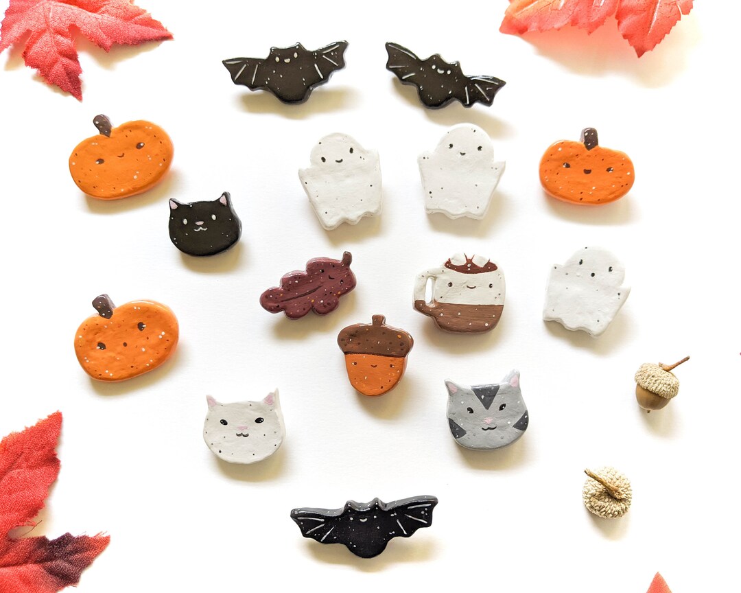 Handmade Fall Clay Pins, Halloween, Ghost, Bat, Cat, Cute, Gift for Her ...