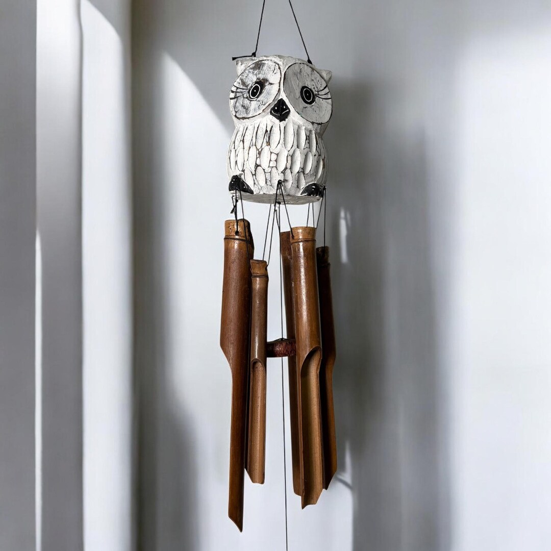 White Snow Owl Head Wind Chime | Bamboo | Wood | Hand Carved | Hand ...
