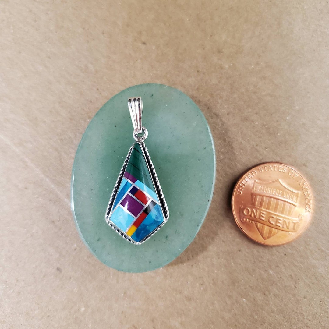 Unique Shaped Multicolor Inlay Necklace Pendant | Sterling Silver Inlay ...