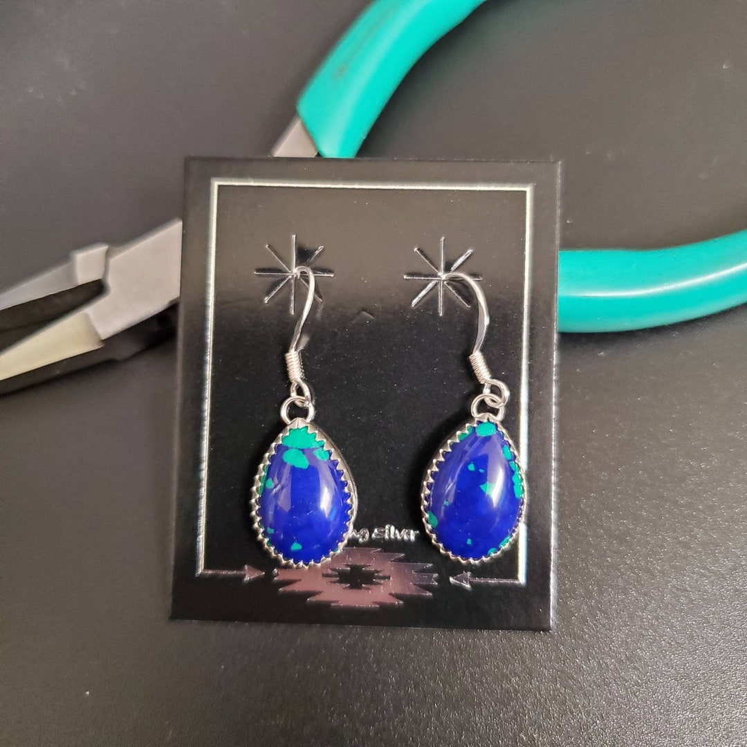 Simple Teardrop Azurite Malachite Dangle Earrings | Sterling Silver ...