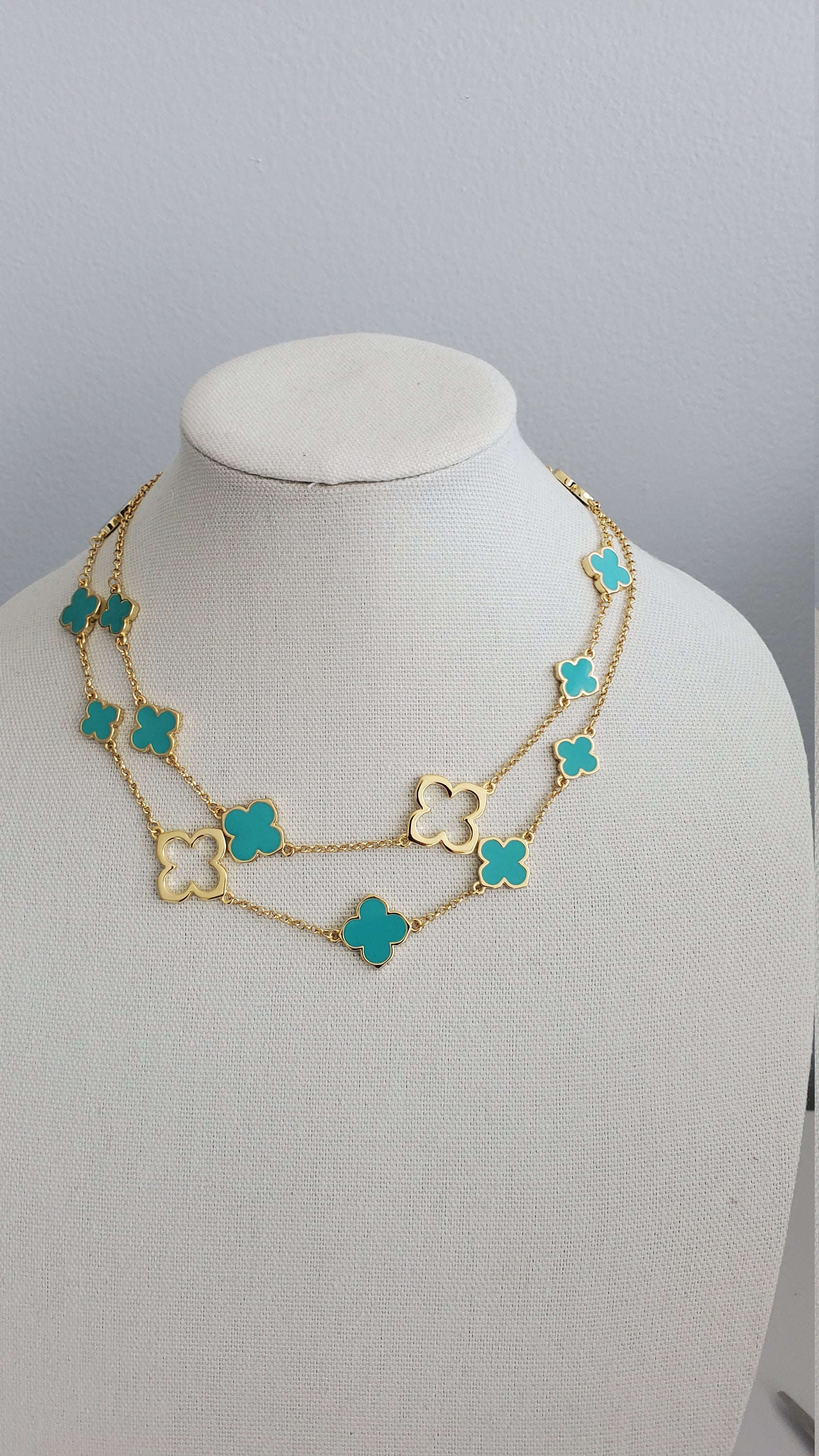 Gold Plated Long Necklace, Four Leaf Clover Necklace, Turquoise Enamel ...