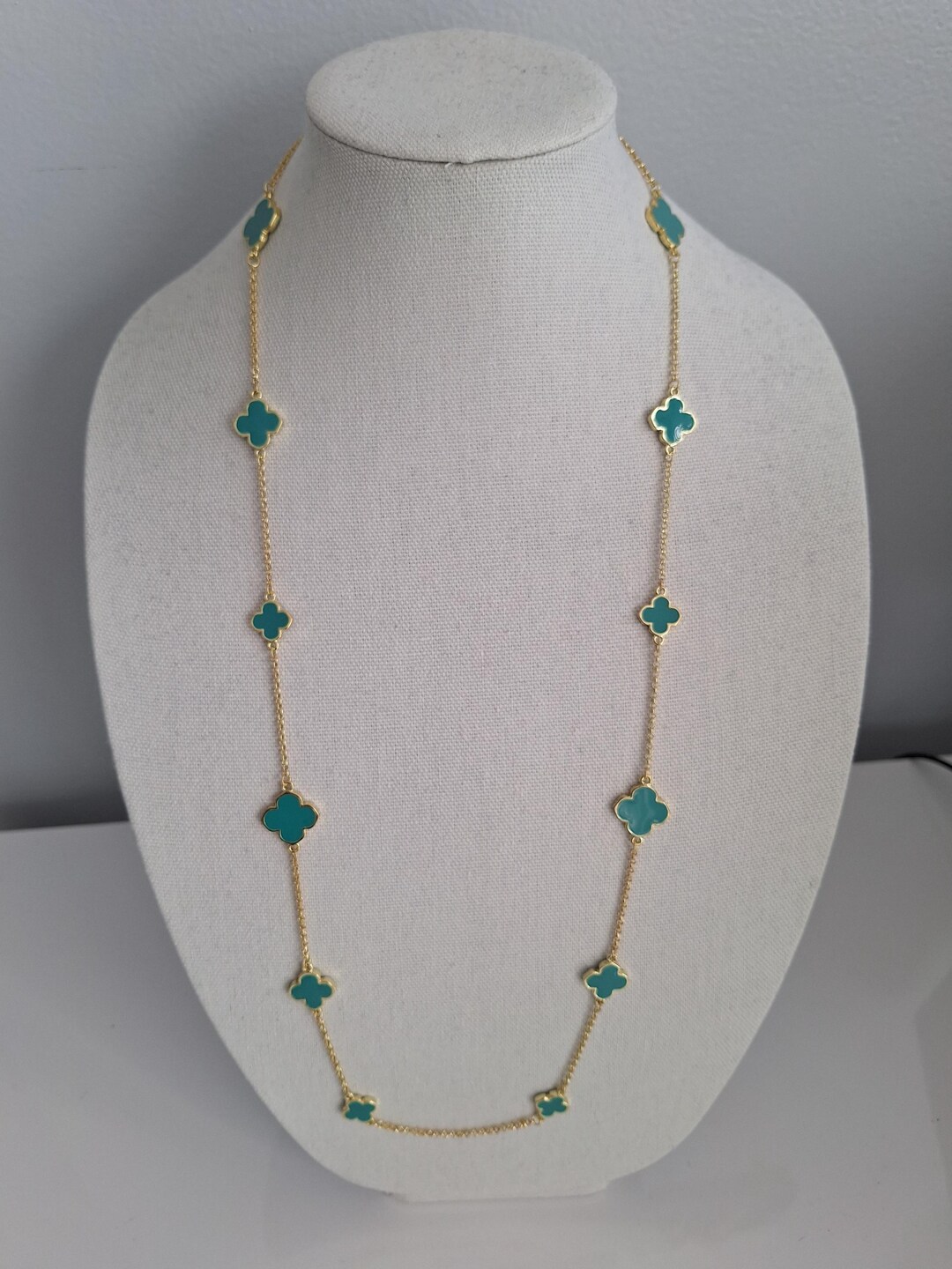 Beautiful Gold Plated Long Necklace, Four Leaf Clover, Turquoise Enamel ...