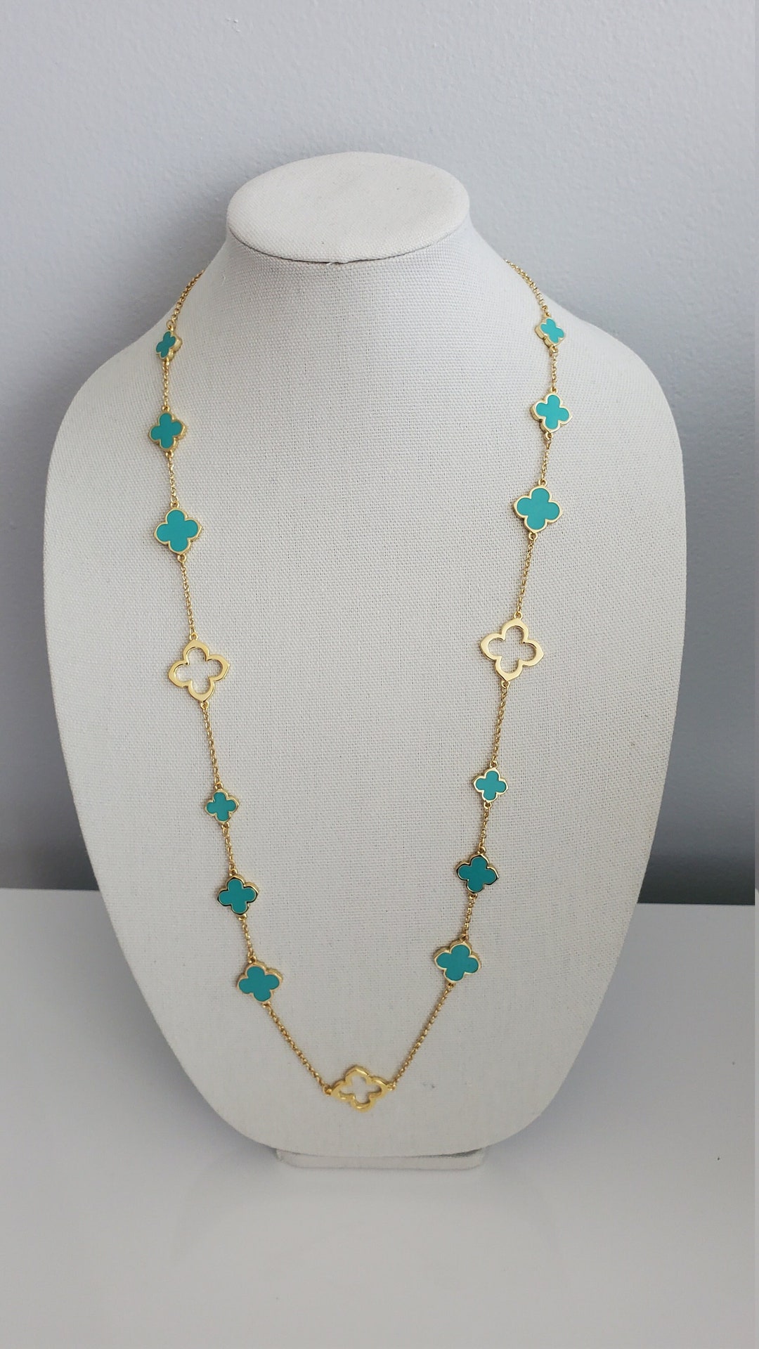 Gold Plated Long Necklace, Four Leaf Clover Necklace, Turquoise Enamel ...