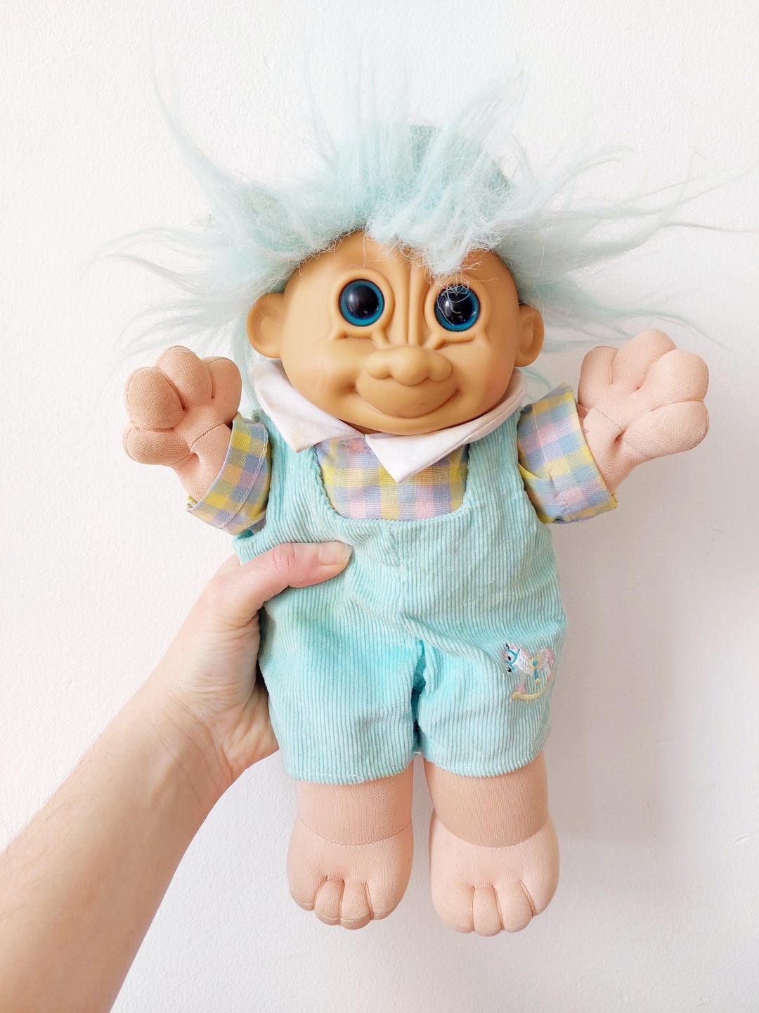 Vintage Plush Troll Doll in Baby Blue Dungarees Hard Face Soft Body - Etsy