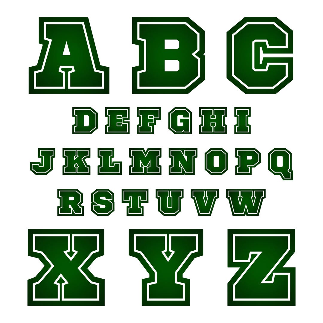 Alphabet & Numbers SVG Set + 9 Green PNG Styles | Varsity Font Letters ...