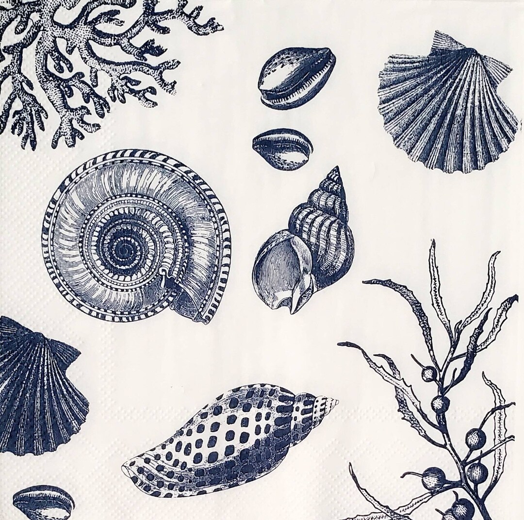 Decoupage Napkins Blue White Sea Shell Paper Napkins Set of 3 Luncheon ...