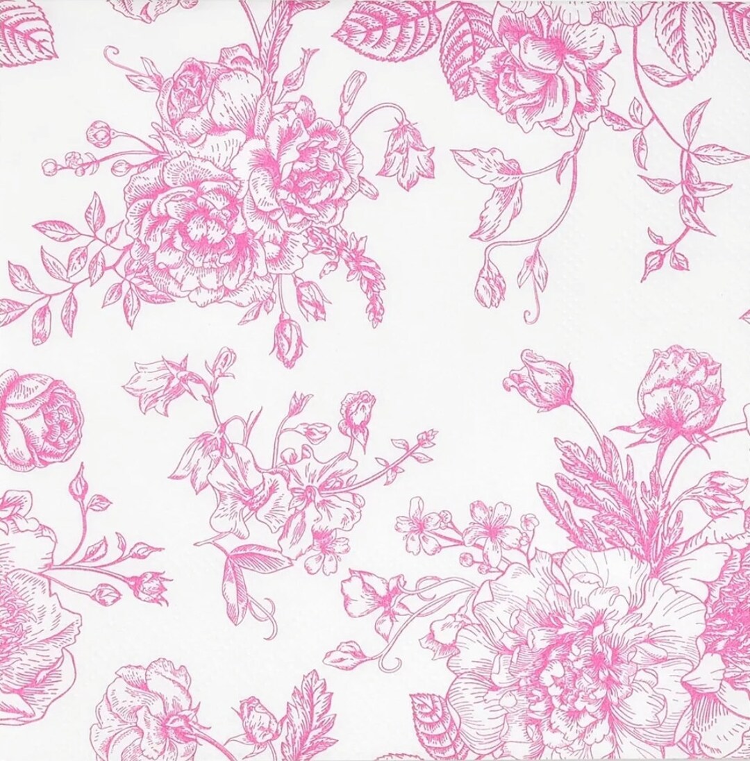 Decoupage Napkins- Pink Toile Floral Paper Napkins- Set of 3- Cocktail ...
