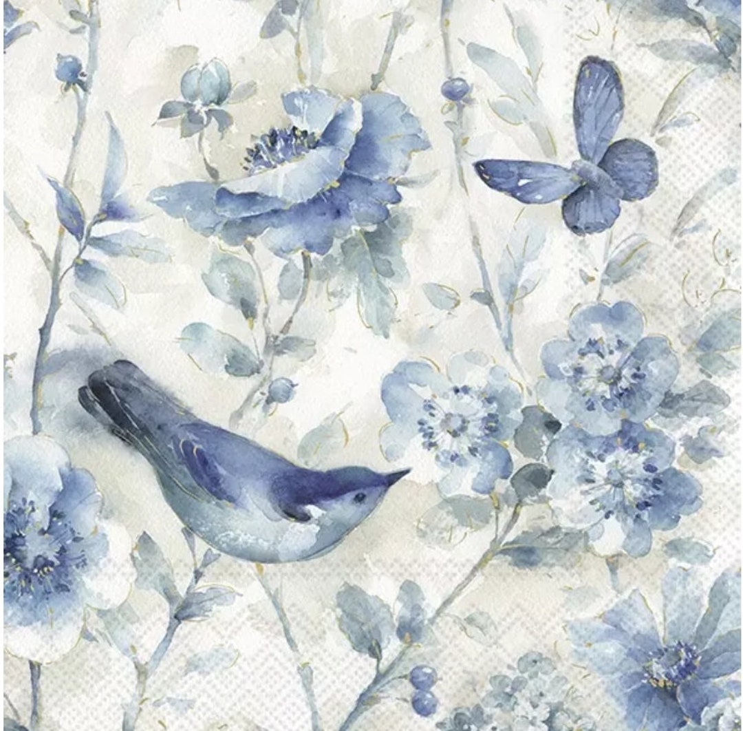 Decoupage Napkins- Blue Bird & Flowers Paper Napkins- Set of 3 ...
