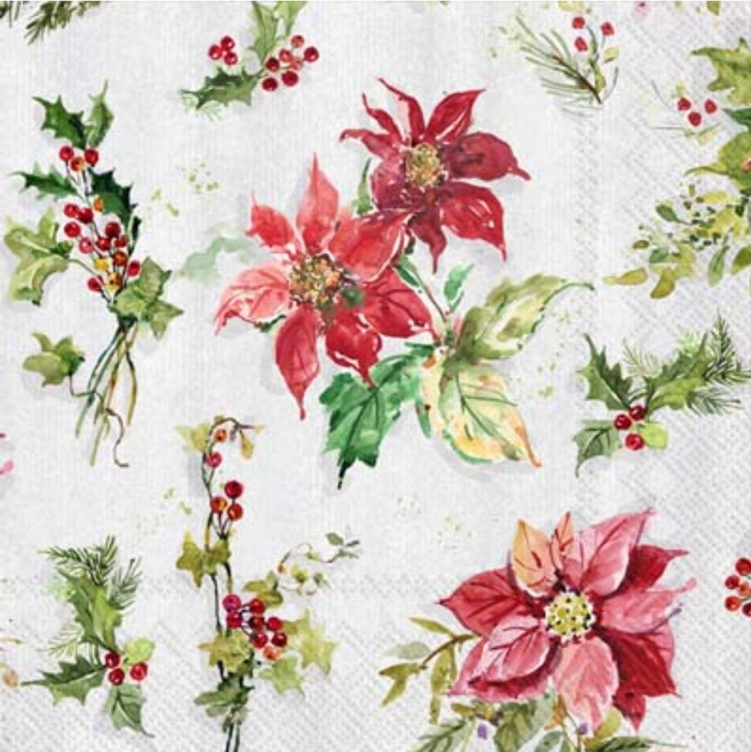 Decoupage Napkins - Christmas Poinsettia & Holly Paper Napkins- Set of ...