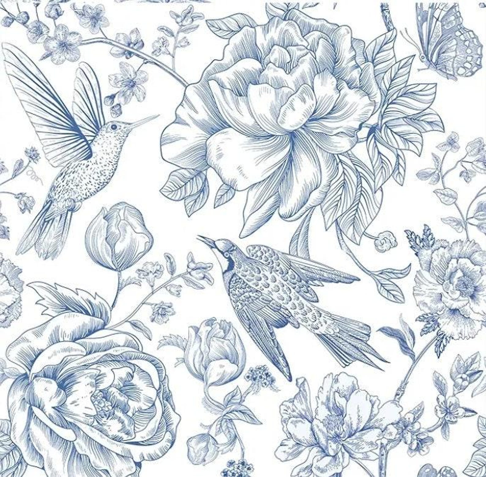 Decoupage Napkins- Blue White Toile Hummingbirds Birds Roses Paper ...