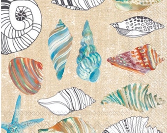 Decoupage Napkins Blue White Sea Shell Paper Napkins Set of 3 Luncheon ...